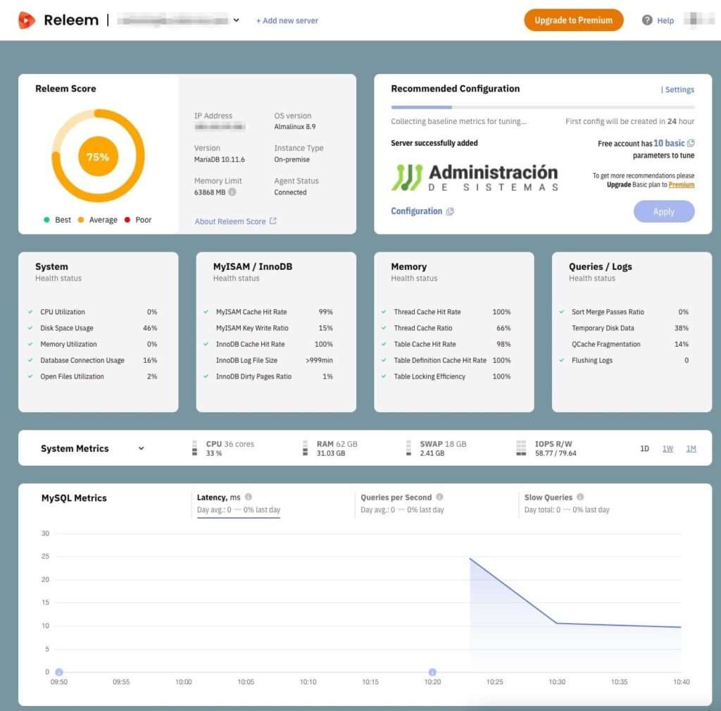 Releem Score: Ayuda en la optimización y rendimiento en MySQL y MariaDB - Administración de Sistemas